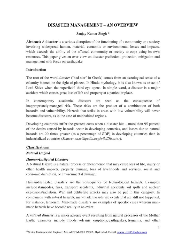 Dssewmd - Paper On Disaster Management - An Overview - SK Singh | PDF ...