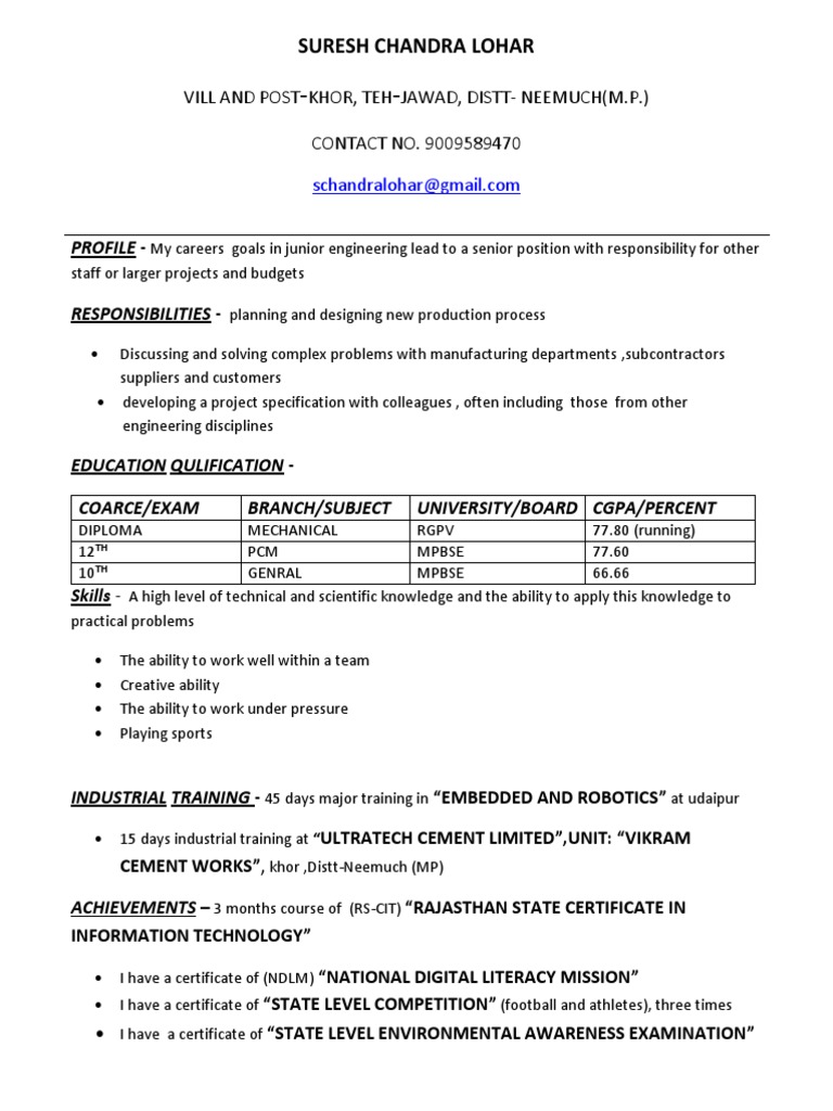 Junior Engineer Resume: Suresh Chandra Lohar | PDF