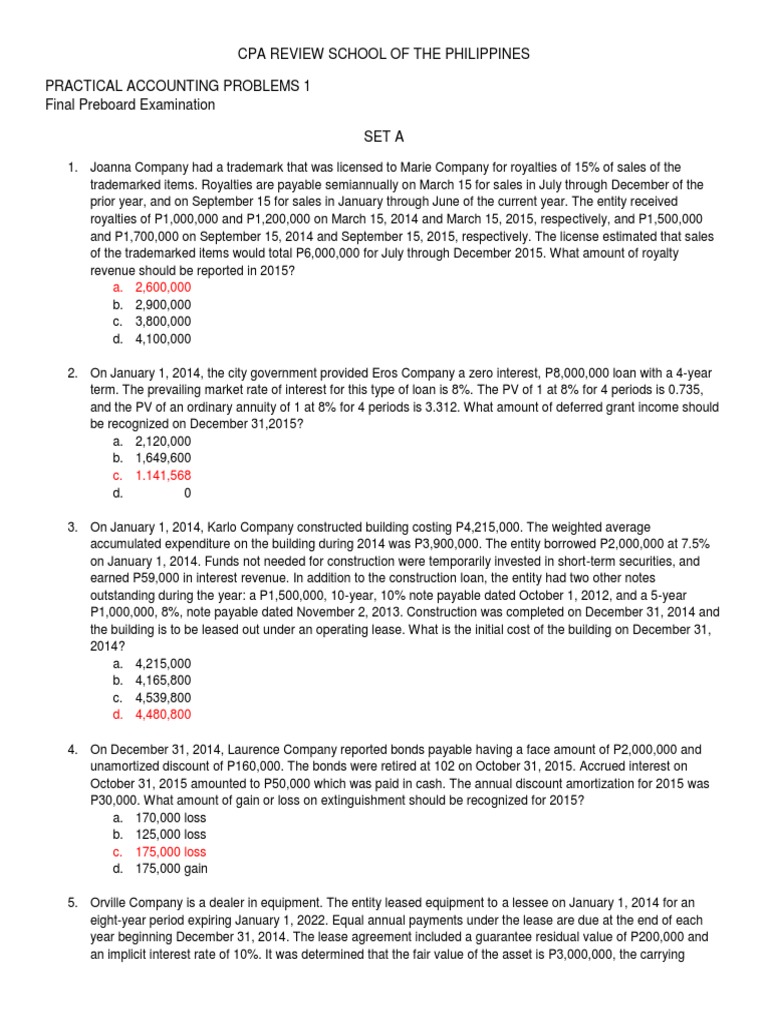 CPA Review: Practical Accounting Exam | PDF | Depreciation | Retained ...