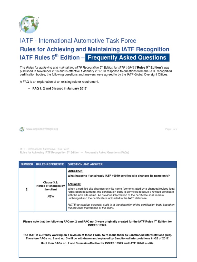 IATF-Rules-5th-Edition_FAQs-1-3_23Jan2017_FINAL.pdf | Faq | Audit