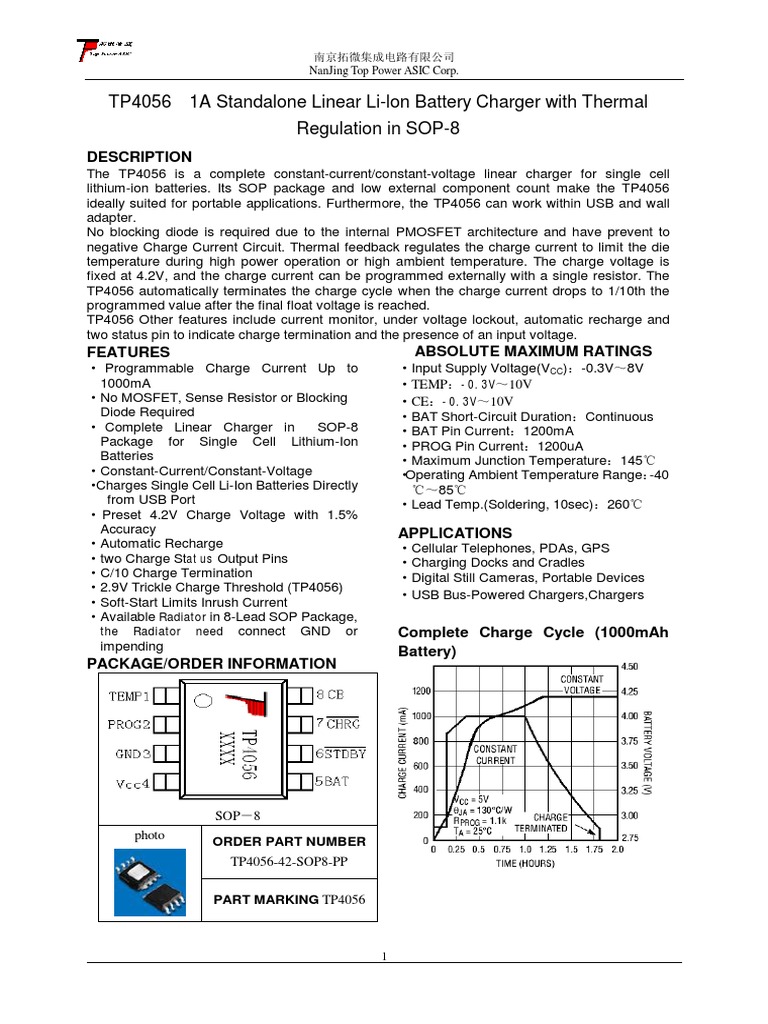 TP4056 PDF | PDF | Battery Charger | Lithium Ion Battery