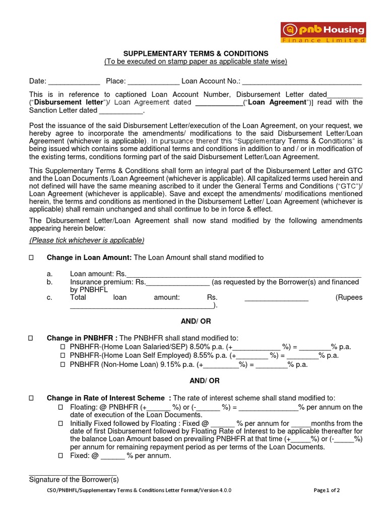 Supplementary Terms & Condition Letter | PDF | Loans | Mortgage Loan
