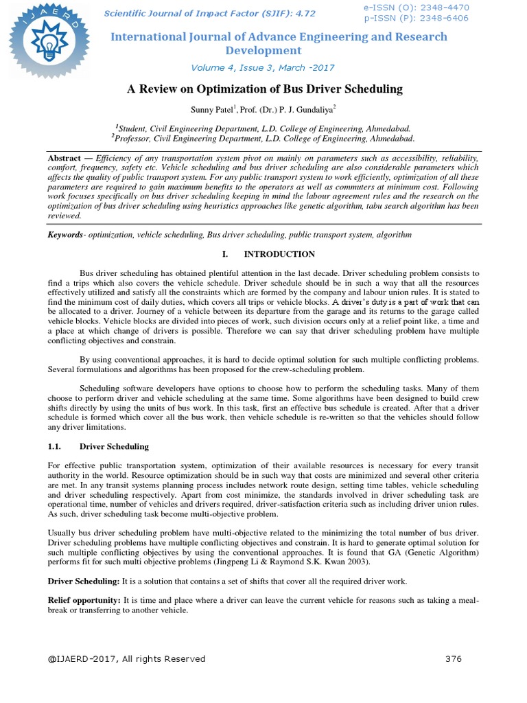 A Review On Optimization of Bus Driver Scheduling-IJAERDV04I0373755 | PDF | Scheduling ...