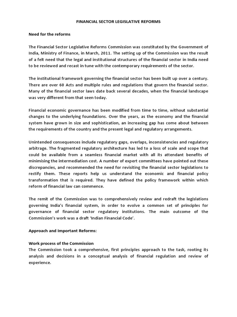 Financial Sector Legislative Reforms Need For The Reforms | PDF ...