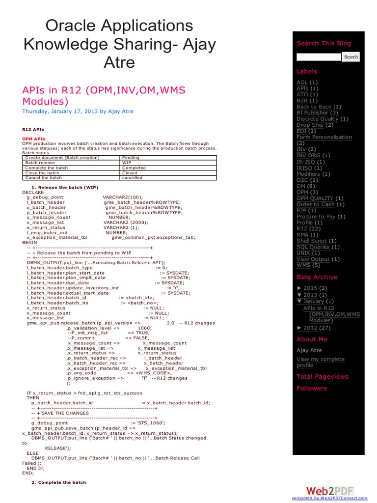 R12 API Guide: OPM, INV, OM, WMS Modules | PDF | Data Management ...
