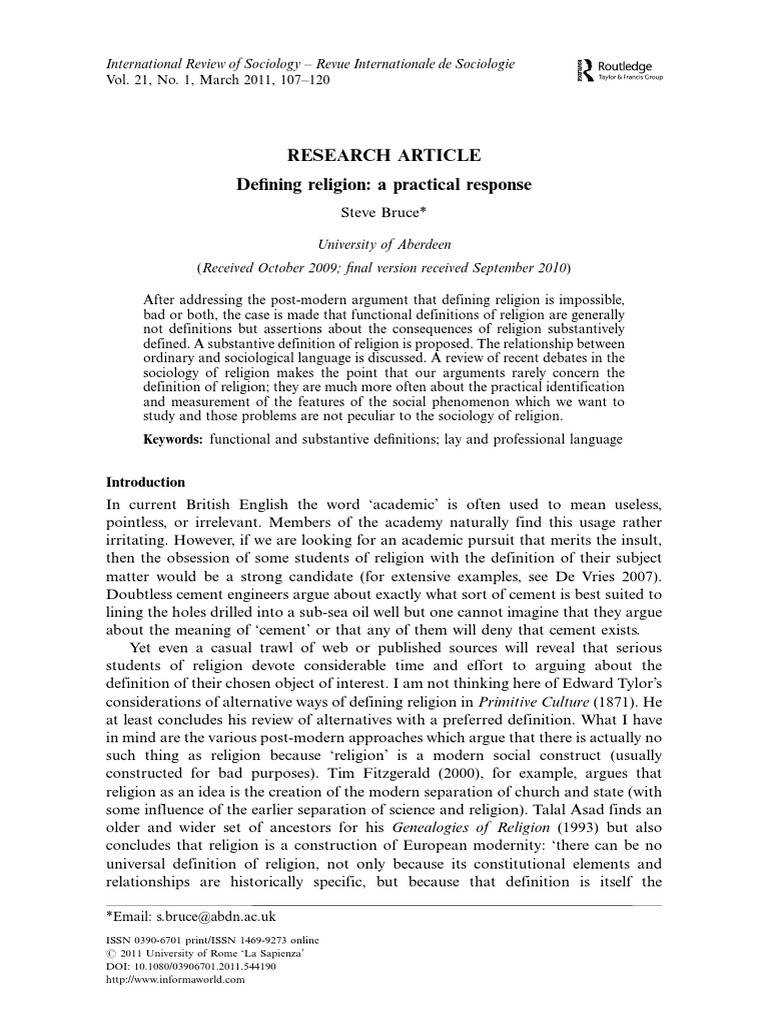 Steve Bruce Defining Religion 2011 | PDF | Sociology | Reason