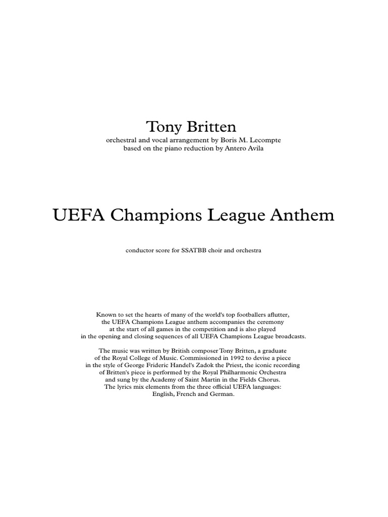 Uefa Anthem Conductors Score and Choir Parts | PDF | Choir | Classical ...