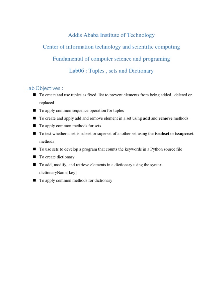 Lab 06 Tuples Sets and Dictionary | PDF | Control Flow | Database Index