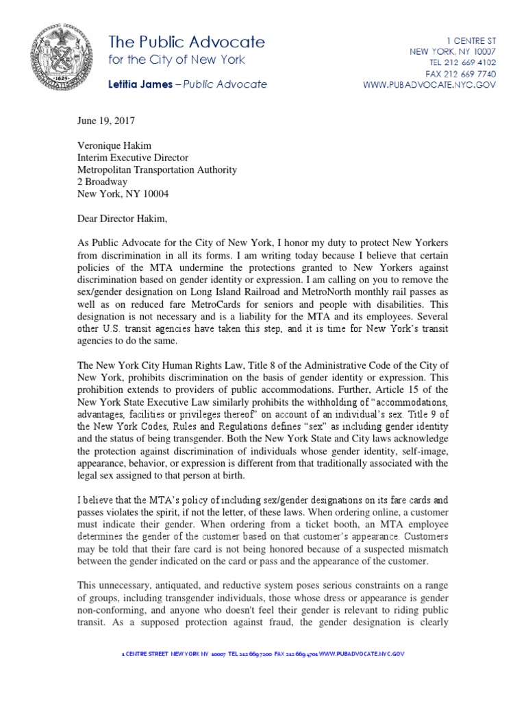 Read Letitia James's Letter | PDF | Discrimination | Gender