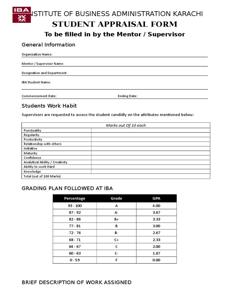 IBA Student Internship Appraisal Form | PDF