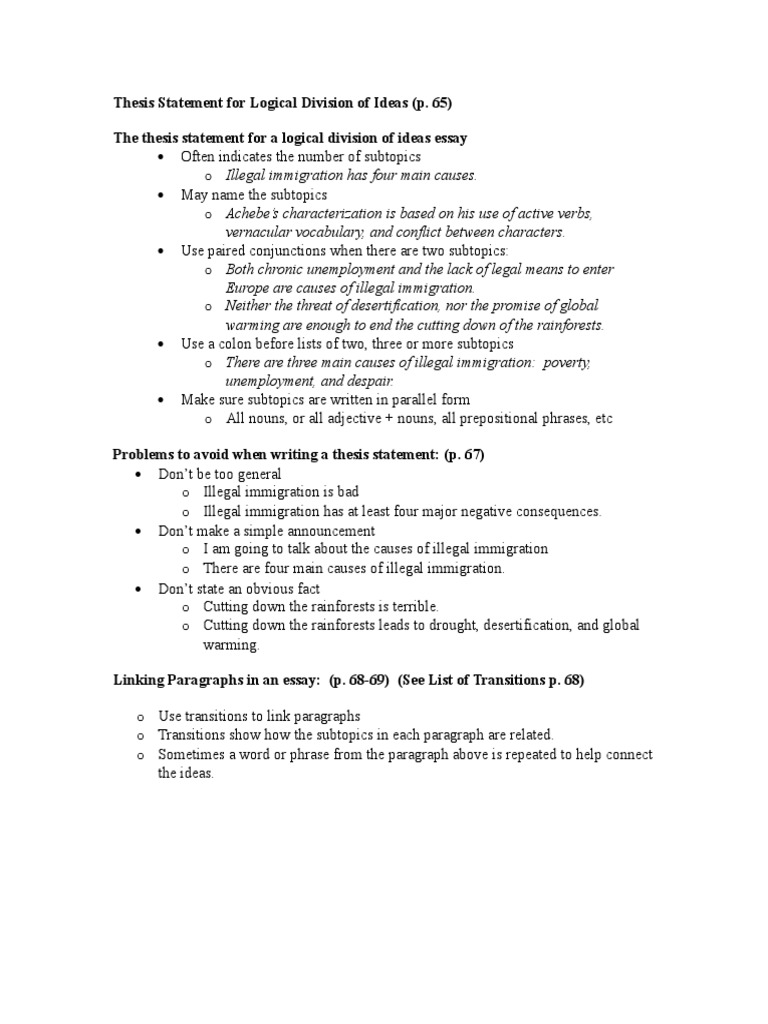 Thesis Statement For Logical Division of Ideas (P. 65) The Thesis ...