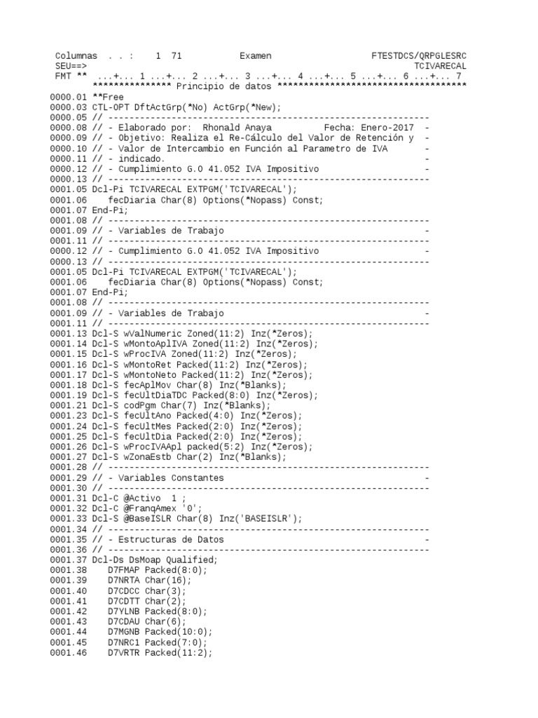 Tcivarecal Sqlrpgle | PDF | SQL | Bases de datos