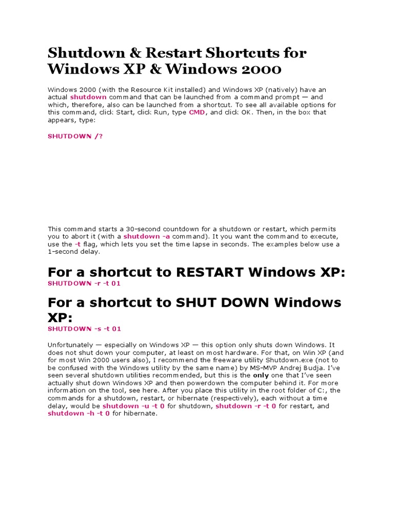 Shutdown And Restart Shortcuts For Windows Xp And Windows 2000 Pdf Command Line Interface