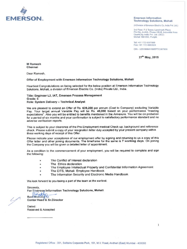 Offer Letter - M Ramesh PDF | PDF