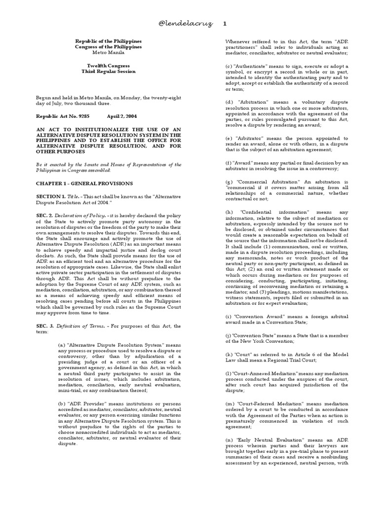 Adr Law Pdf Mediation Alternative Dispute Resolution