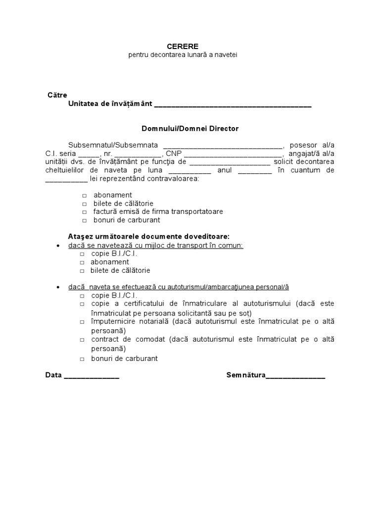 Model - Cerere Decontare Naveta