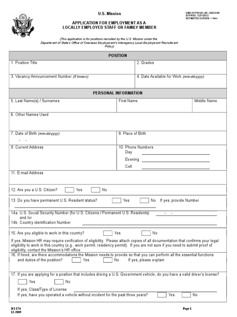 Application For Employment - Form DS-174 - 0 | PDF | Social Security ...