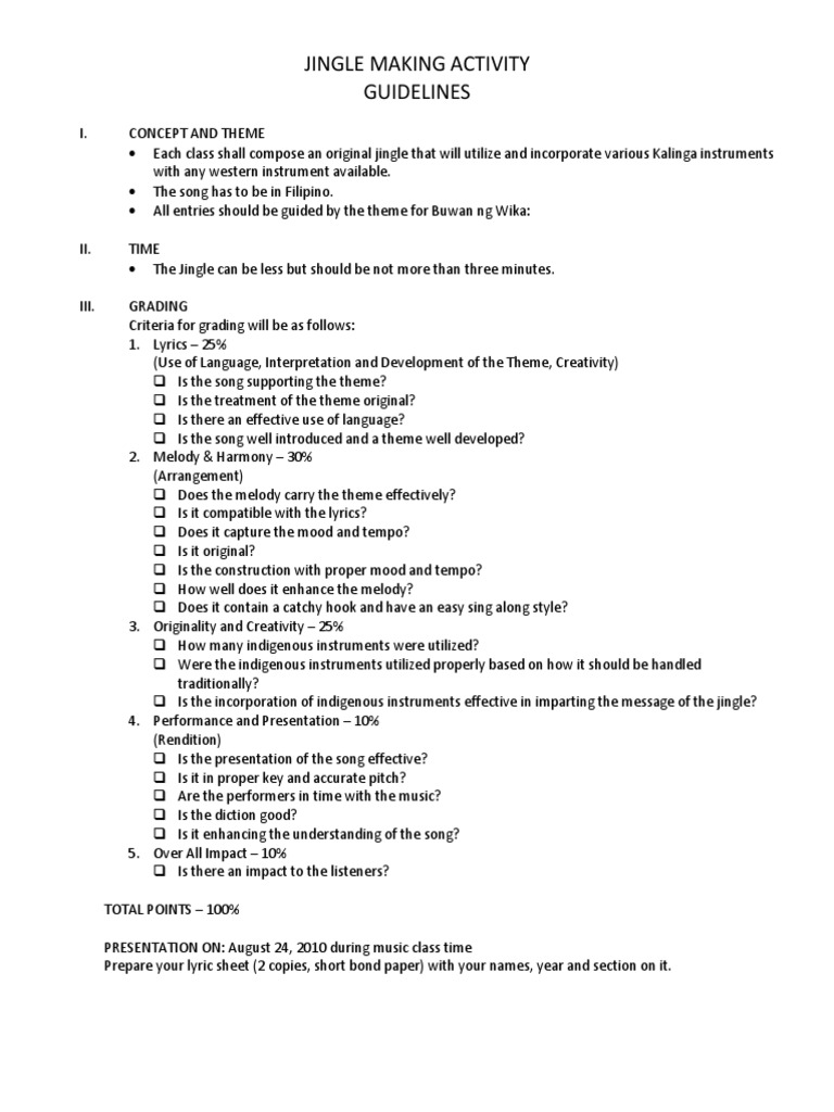 Jingle Making Activity Guidelines | PDF | Language Arts & Discipline