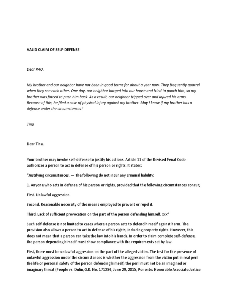 Valid Claim of Self Defense | Self Defense | Criminal Law