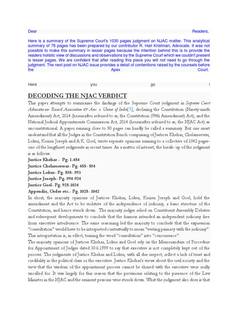 Analysis of The Judgment of NJAC | PDF | Judicial Disqualification ...