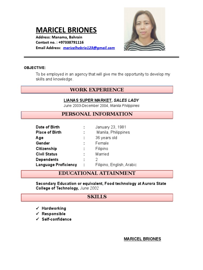 Maricel Briones: Work Experience Work Experience | PDF