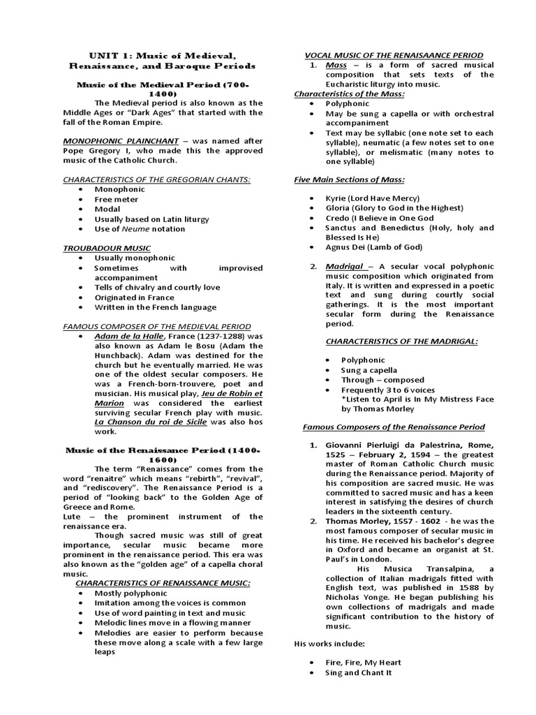 UNIT 1: Music of Medieval, Renaissance, and Baroque Periods | PDF ...