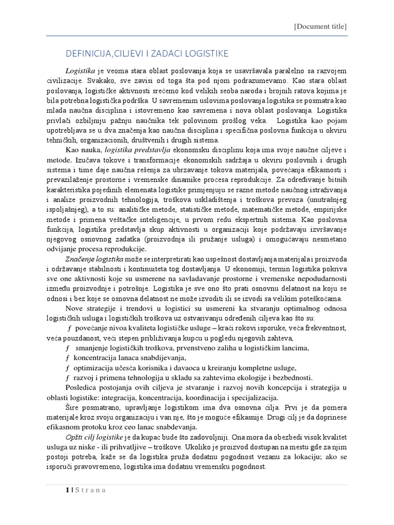 Definicija, Ciljevi I Zadaci Logistike | PDF