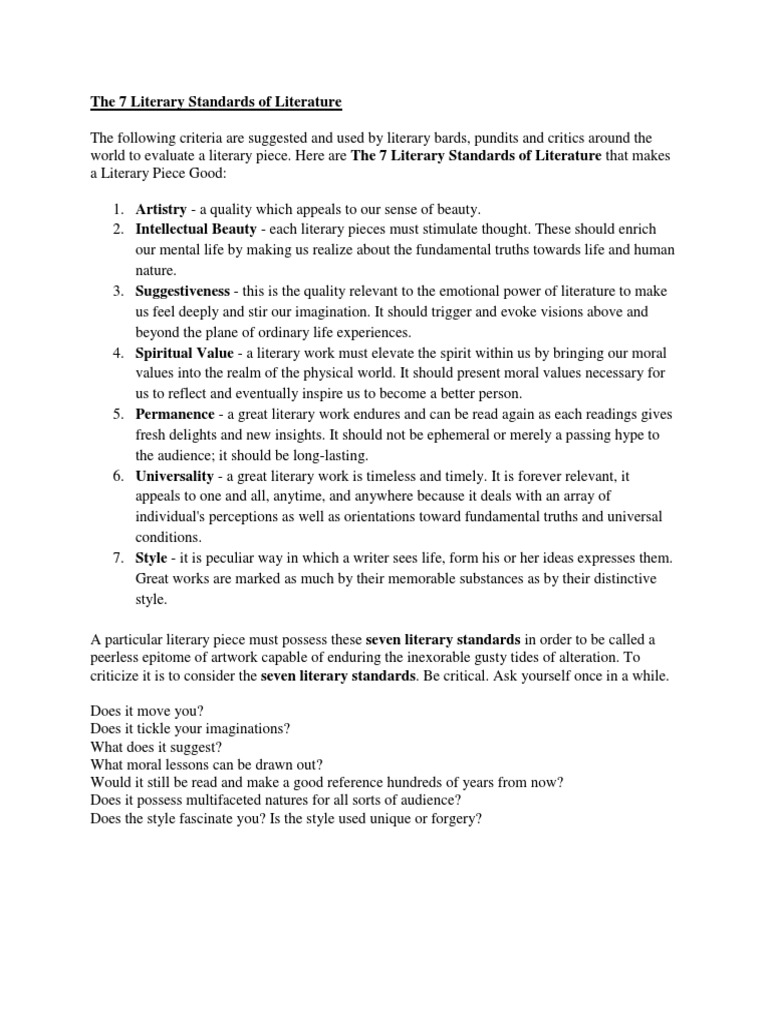 The 7 Literary Standards of Literature | PDF | Poetry | Lyric Poetry