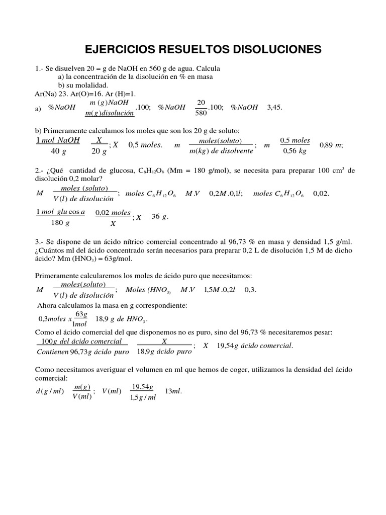 EJERCICIOS RESUELTOS DISOLUCIONES | Concentración | Física y matemáticas