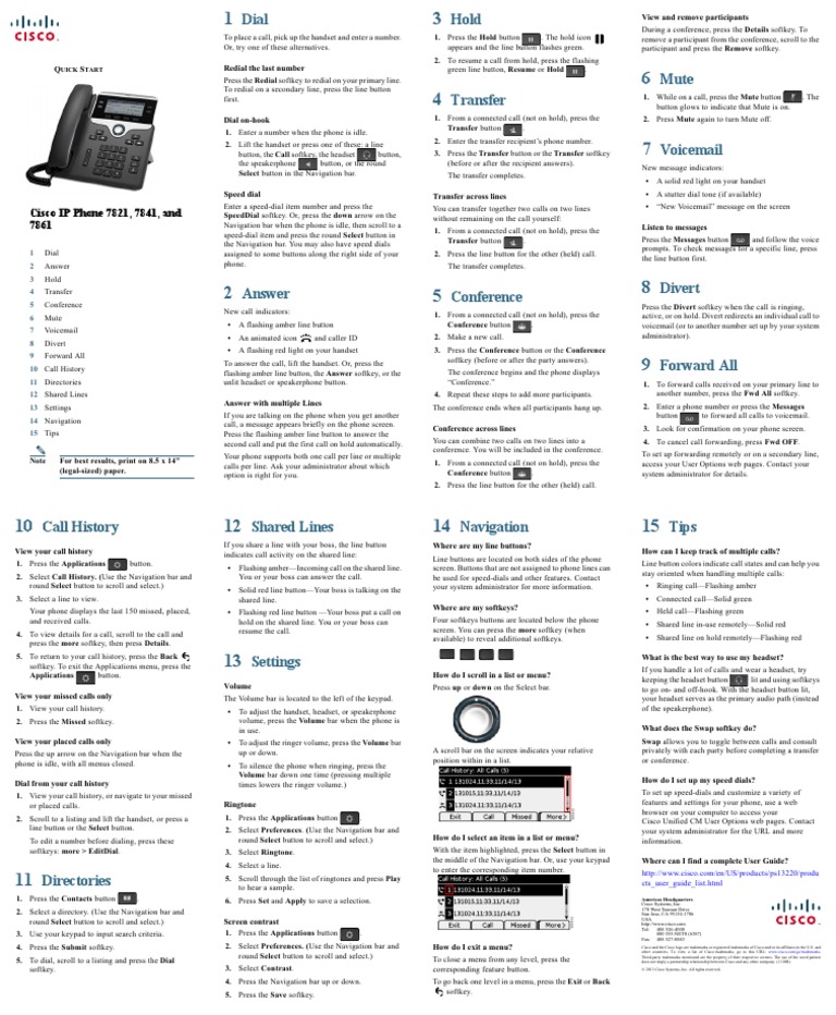Cisco Ip Phone 7821 7841 And 7861 Quick Start Pdf Telephone Voicemail
