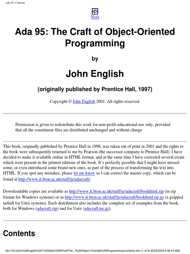 John English Ada 95 The Craft of Object-Oriented Programming PDF | PDF | Data Type | Subroutine