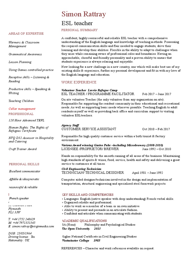 ESL CV | English As A Second Or Foreign Language | Facilitator