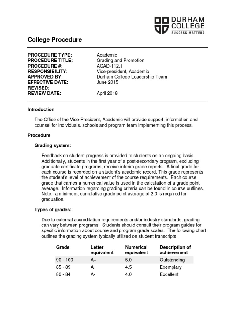 Durham College Grading and Promotion Procedure | PDF | Behavior ...