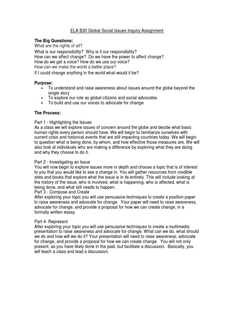 Ela b30 Global Social Issues Inquiry Assignment | PDF | Gesture ...
