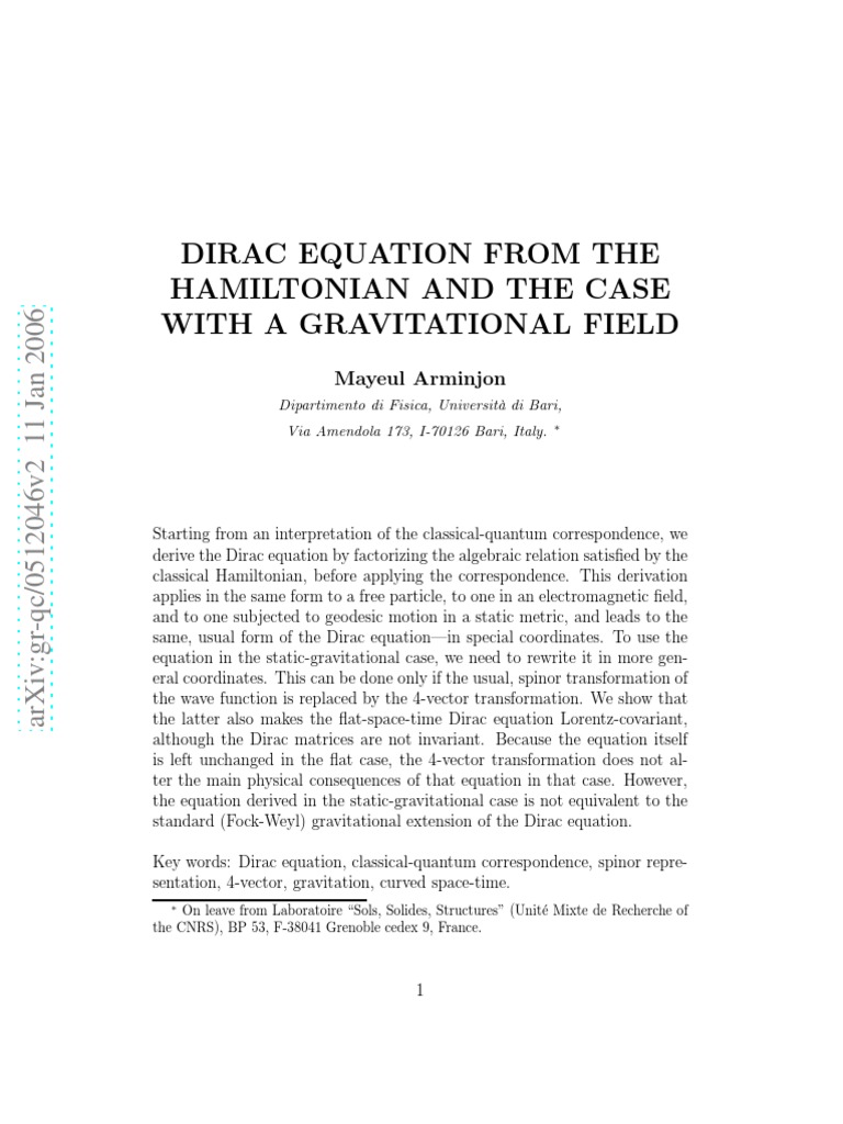 Dirac Equation From The Hamiltonian and The Case With A Gravitational Field | PDF | Hamiltonian ...