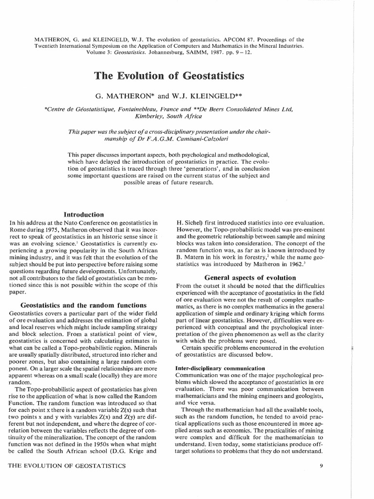 The Evolution of Geostatistics: G. Matheron and W.1. Kleingeld | PDF ...
