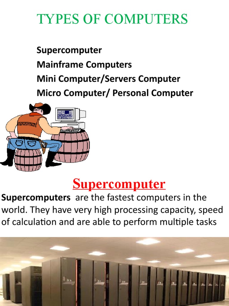 Types of Computers: Supercomputer Mainframe Computers Mini Computer/Servers Computer Micro ...