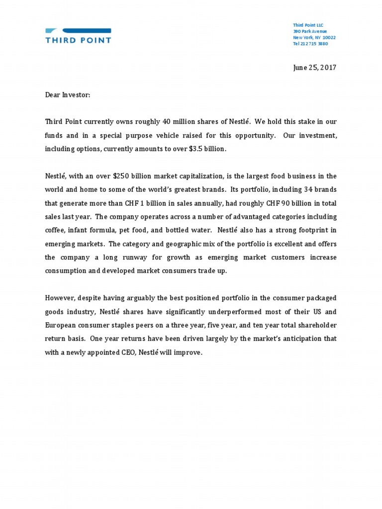 Third Point Nestle Letter | PDF | Investing | Nestlé