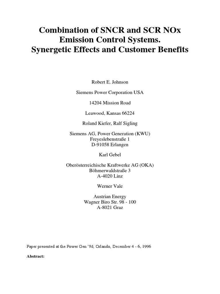 Combination of SNCR and SCR NOx Emission Control Systems | PDF | N Ox ...