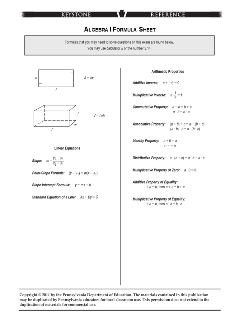 Keystone Formula Sheet-Algebra I | PDF | Elementary Mathematics ...