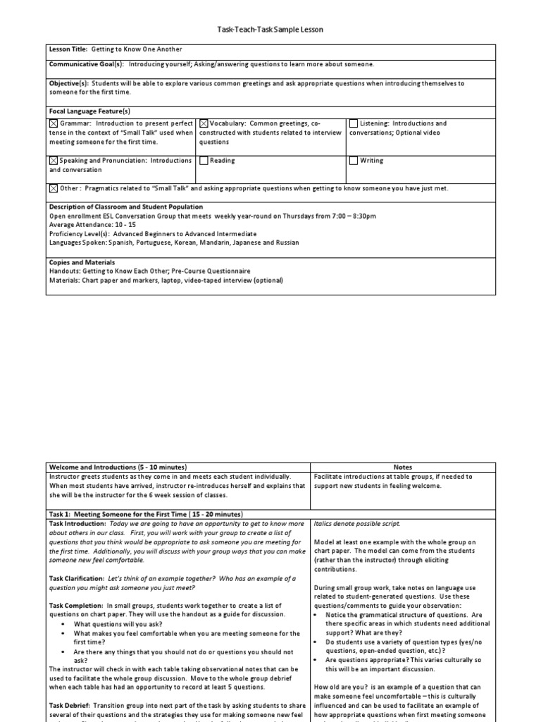 Task Based Instruction Task Teach Task Lesson Plan Template | PDF ...