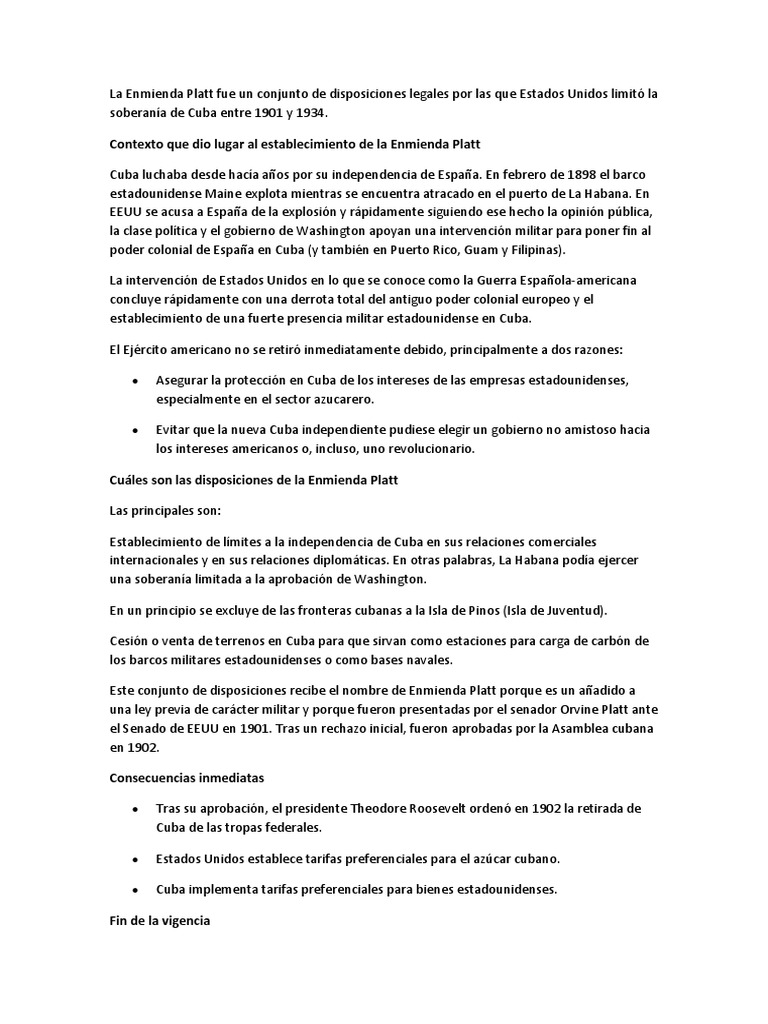 La Enmienda Platt y el establecimiento de la soberanía limitada de Cuba ...
