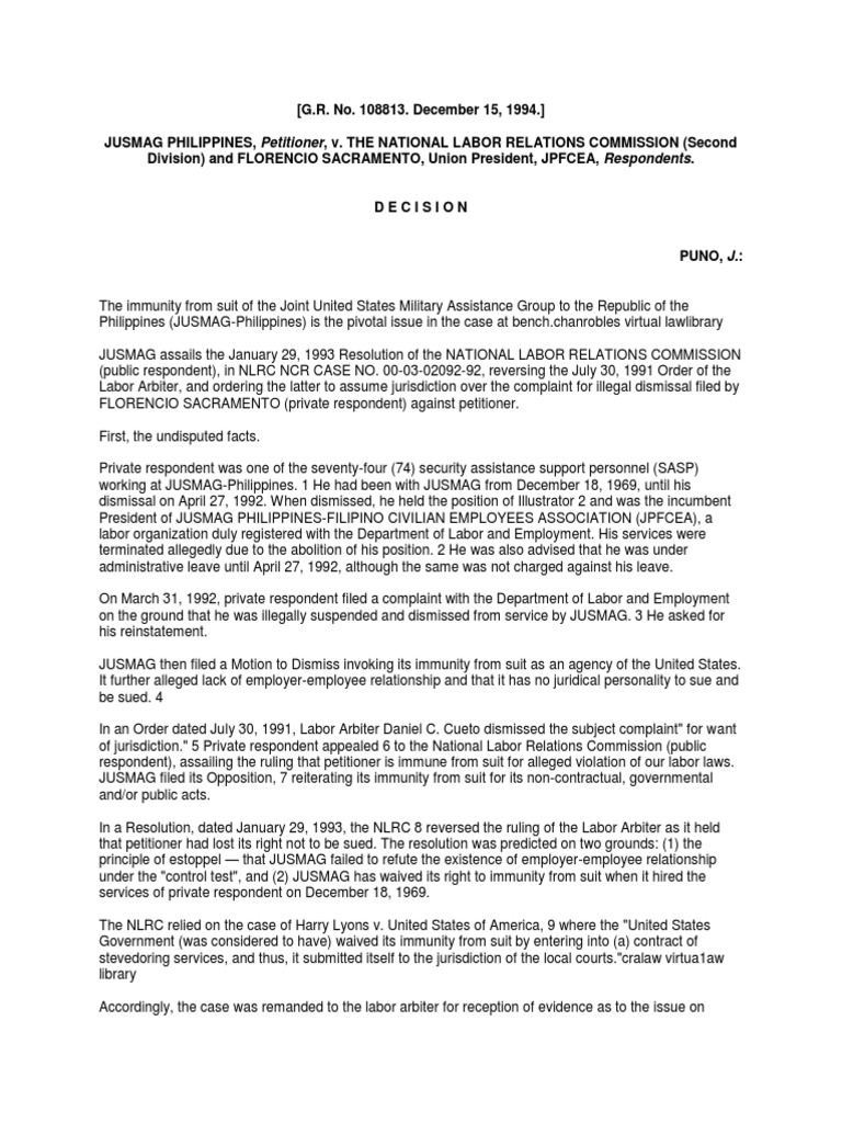 JUSMAG Phils. vs. NLRC December 15, 1994 | PDF | Sovereign Immunity ...