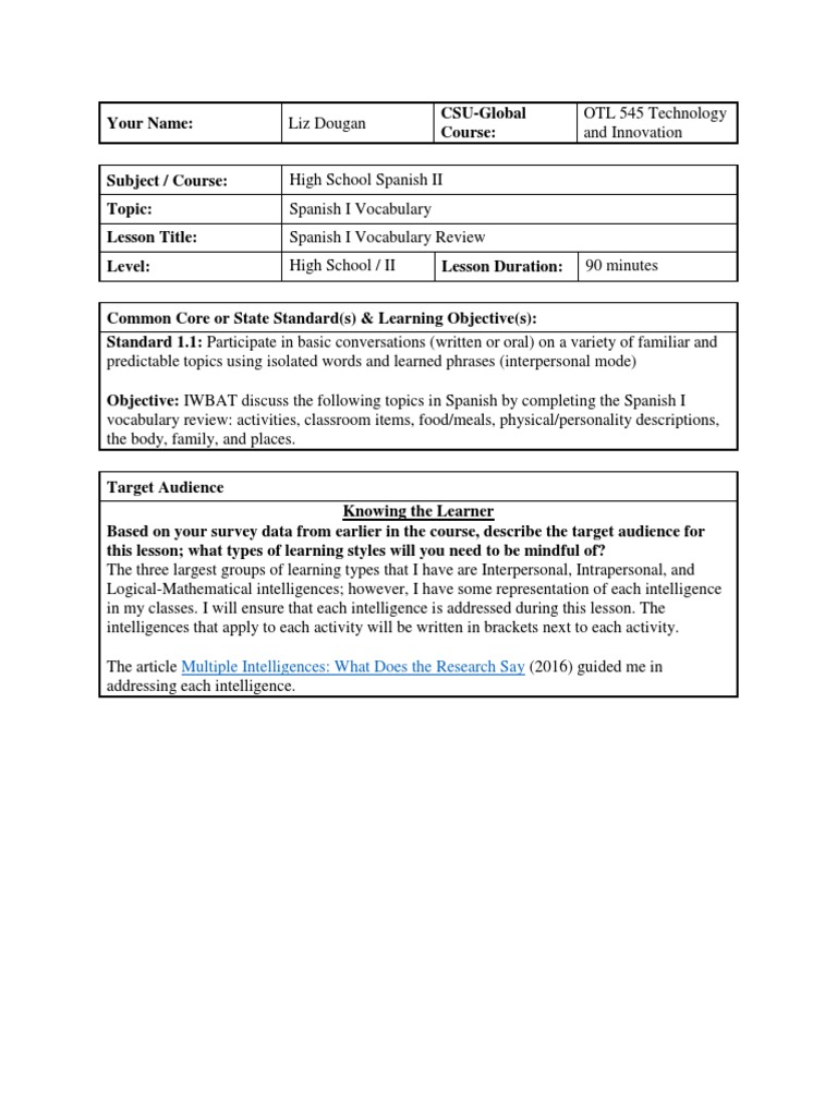 Tpack Lesson Plan | Download Free PDF | Vocabulary | Educational Assessment