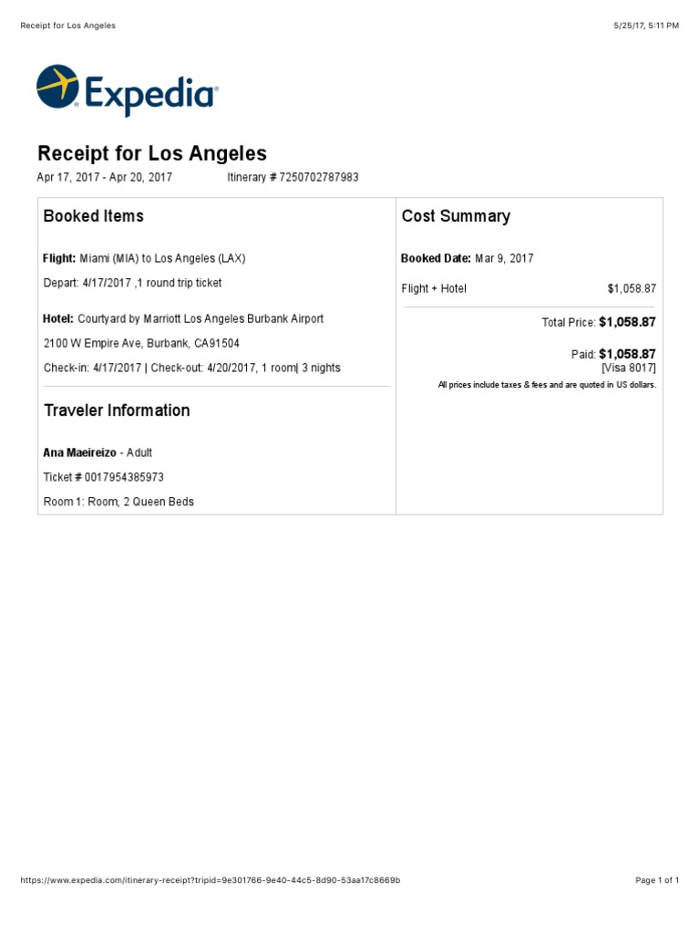 Receipt For Los Angeles: Booked Items Cost Summary | PDF
