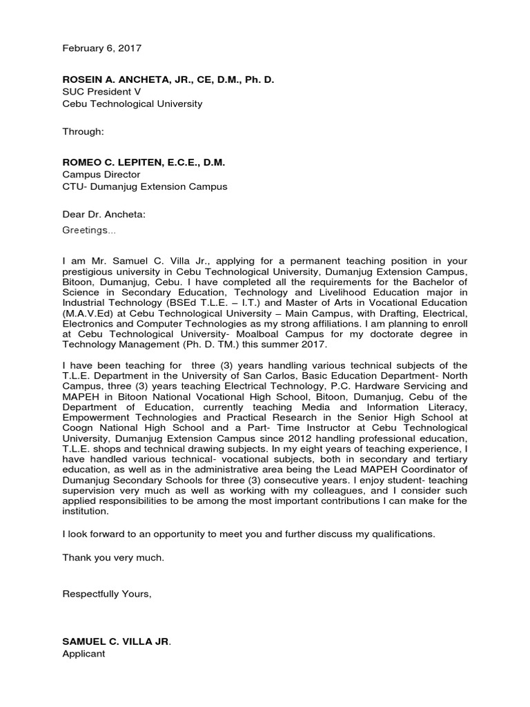 Application Letter | Educational Technology | Institute Of Technology