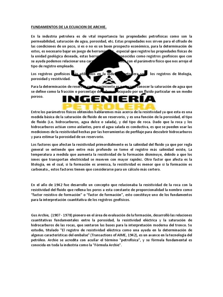 Formula de Archie | Descargar gratis PDF | Ciencias fisicas | Física ...