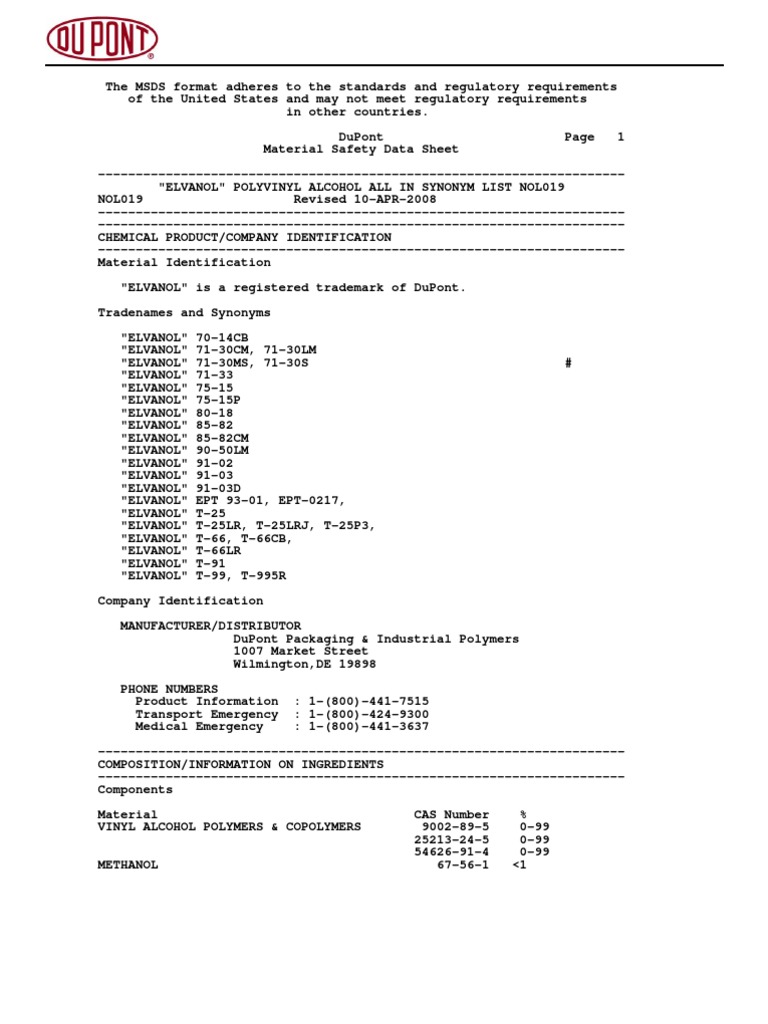 Elvanol MSDS | PDF | Combustion | Waste Management