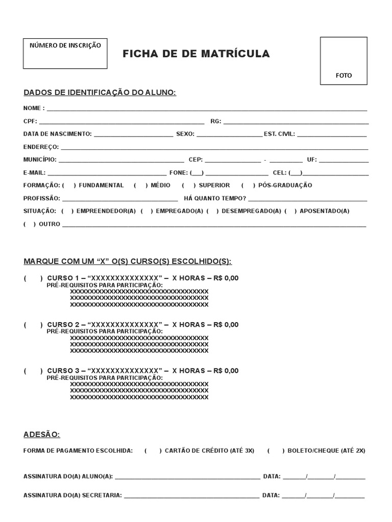 Modelo de Ficha de Inscricao Em Cursos Livres Modelo de Ficha de Inscricao Em Cursos Livres