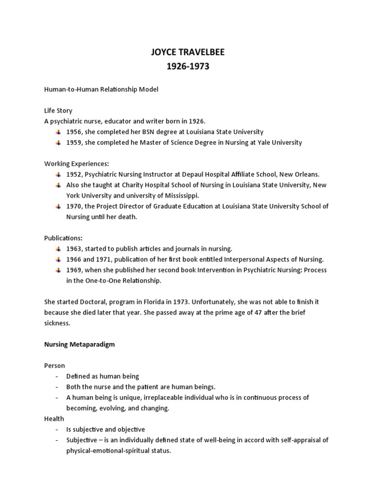 Joyce Travelbee 1926-1973: Nursing Metaparadigm | PDF | Psychiatric And ...
